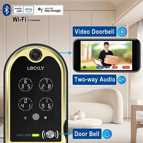 Lockly Vision Smart Lock, Camera Video Two-Way Audio 6-in-1 Keyless Entry Door Lock with Doorbell Fingerprint Door Lock with APP Control Digital Keypad Wi-Fi Deadbolt Door Locks- Brushed Gold