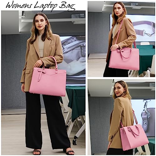 Laptop Bag for Women 15.6 Inch PU Leather Tote Bag Professional Business Office Work Bag Waterproof Briefcase Computer Tote Bag Large Capacity Lightweight Handbag Shoulder Bag, Pink