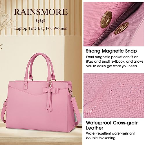 Laptop Bag for Women 15.6 Inch PU Leather Tote Bag Professional Business Office Work Bag Waterproof Briefcase Computer Tote Bag Large Capacity Lightweight Handbag Shoulder Bag, Pink