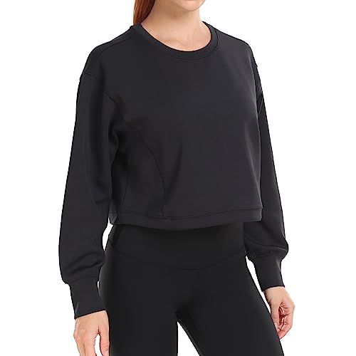 Colorfulkoala Women's Long Sleeve Athletic Sweatshirt Modal Pullover Cropped Tops(M, Black)