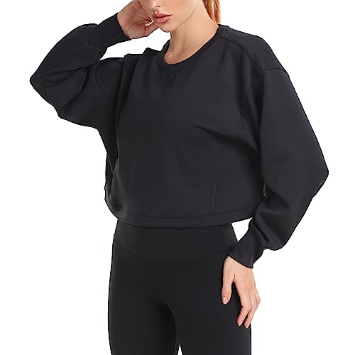 Colorfulkoala Women's Long Sleeve Athletic Sweatshirt Modal Pullover Cropped Tops(M, Black)