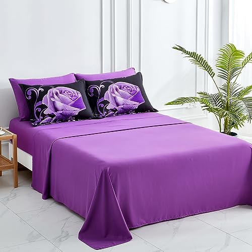 Purple Comforter Set Queen, Reversible Purple Rose Printed 7 Pieces Bed in a Bag, Lightweight Soft Microfiber Comforter Bedding Sets with Comforter, Flat Sheet, Fitted Sheet, Pillowcases & Shams