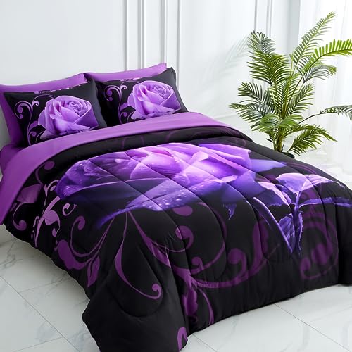 Purple Comforter Set Queen, Reversible Purple Rose Printed 7 Pieces Bed in a Bag, Lightweight Soft Microfiber Comforter Bedding Sets with Comforter, Flat Sheet, Fitted Sheet, Pillowcases & Shams