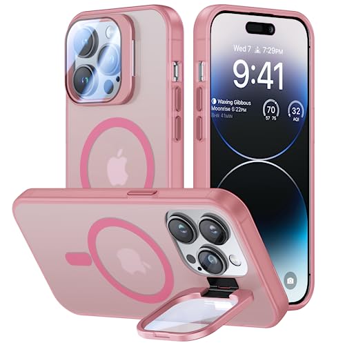 VOFATA for iPhone 14 Pro Case with Metal Camera Stand [Built-in 9H Camera Lens Protector][Compatible with Magsafe] Military Grade Shockproof Translucent Matte Magnetic Phone Case 6.1",Pink