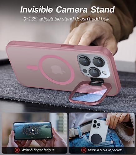 VOFATA for iPhone 14 Pro Case with Metal Camera Stand [Built-in 9H Camera Lens Protector][Compatible with Magsafe] Military Grade Shockproof Translucent Matte Magnetic Phone Case 6.1",Pink