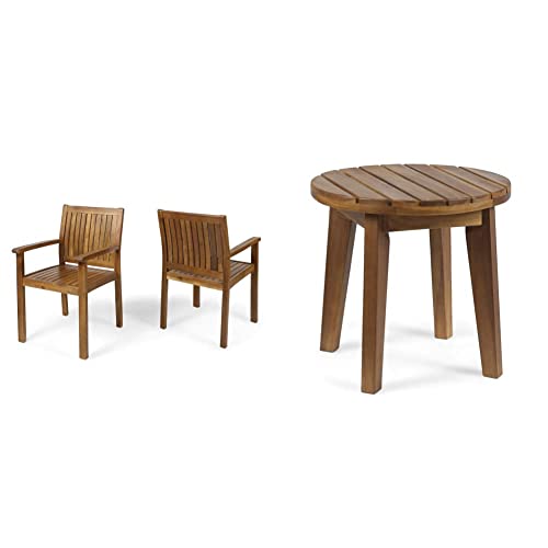 Christopher Knight Home Teague Outdoor Acacia Wood Dining Chairs (Set of 2), Teak Finish & Parker Outdoor 16" Acacia Wood Side Table, Teak Finish