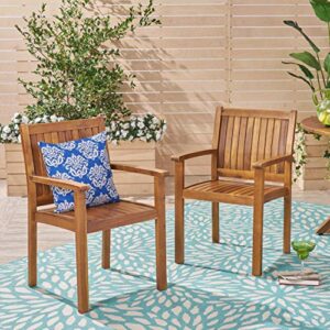 Christopher Knight Home Teague Outdoor Acacia Wood Dining Chairs (Set of 2), Teak Finish & Parker Outdoor 16" Acacia Wood Side Table, Teak Finish