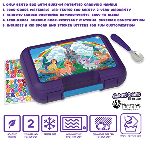 Mainstream Source Kids Grab-and-Go Bento Lunch Bento Box – Includes Removable Tray w/ 5 Compartments, Spork, & Name Stickers, the Ultimate Kids Lunch Box (2 Pack, Unicorns Castle & Mermaids)