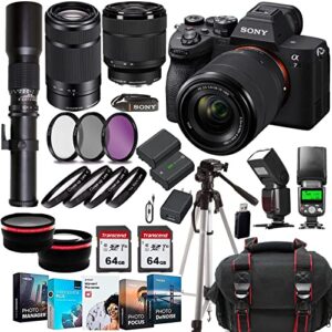 sony a7 iv mirrorless camera fe 28-70mm f/3.5-5.6 oss lens e 55-210mm f/4.5-6.3 oss lens+case+500mm f/8.0 telephoto preset lens +128 gig memory cards+ttl flash+tripod(17pc) bundle