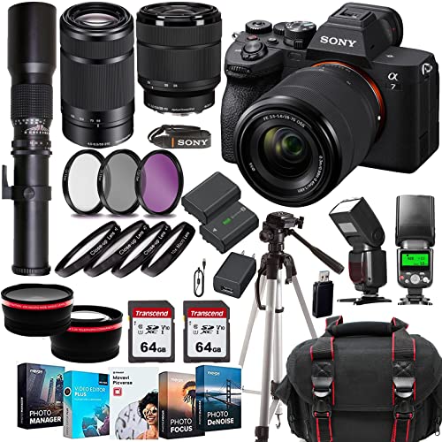 Sony a7 IV Mirrorless Camera FE 28-70mm f/3.5-5.6 OSS Lens E 55-210mm f/4.5-6.3 OSS Lens+Case+500mm f/8.0 Telephoto preset Lens +128 GIG Memory Cards+TTL Flash+Tripod(17PC) Bundle