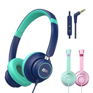 mee audio kidjamz kj45 children’s safe listening headphones with volume limiter & microphone, adjustable on-ear kids headset wired with 3.5mm jack for online learning/school/travel/tablet (blue/teal)