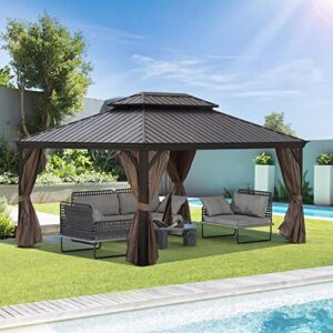 12x16ft hardtop gazebo canopy,outdoor gazebo with galvanized steel double roof,patio hot tub backyard sun shade canopy with netting,luxury backyard canopy tent for patio,garden, deck, lawn