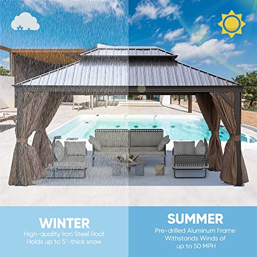 12x16FT Hardtop Gazebo Canopy,Outdoor Gazebo with Galvanized Steel Double Roof,Patio Hot Tub Backyard Sun Shade Canopy with Netting,Luxury Backyard Canopy Tent for Patio,Garden, Deck, Lawn