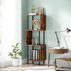 Book Shelf Bookcase, Modern Small Bookshelf for Small Spaces, S-Shaped Wooden Bookshelf Corner Bookshelf for Living Room Bedroom Home Office, Rustic Bookshelves and Bookcases Storage Organizer, 4-Tier