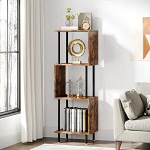 Book Shelf Bookcase, Modern Small Bookshelf for Small Spaces, S-Shaped Wooden Bookshelf Corner Bookshelf for Living Room Bedroom Home Office, Rustic Bookshelves and Bookcases Storage Organizer, 4-Tier