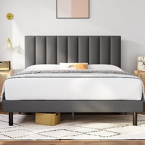 Molblly Queen Size Bed Frame Upholstered Platform with Headboard and Strong Wooden Slats,Mattress Foundation,Non-Slip and Noise-Free,No Box Spring Needed, Easy Assembly,Dark Gray