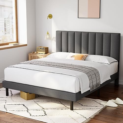 Molblly Queen Size Bed Frame Upholstered Platform with Headboard and Strong Wooden Slats,Mattress Foundation,Non-Slip and Noise-Free,No Box Spring Needed, Easy Assembly,Dark Gray