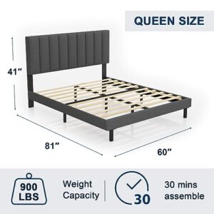 Molblly Queen Size Bed Frame Upholstered Platform with Headboard and Strong Wooden Slats,Mattress Foundation,Non-Slip and Noise-Free,No Box Spring Needed, Easy Assembly,Dark Gray