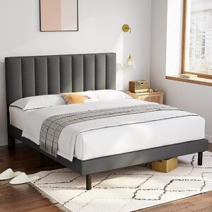 Molblly Queen Size Bed Frame Upholstered Platform with Headboard and Strong Wooden Slats,Mattress Foundation,Non-Slip and Noise-Free,No Box Spring Needed, Easy Assembly,Dark Gray