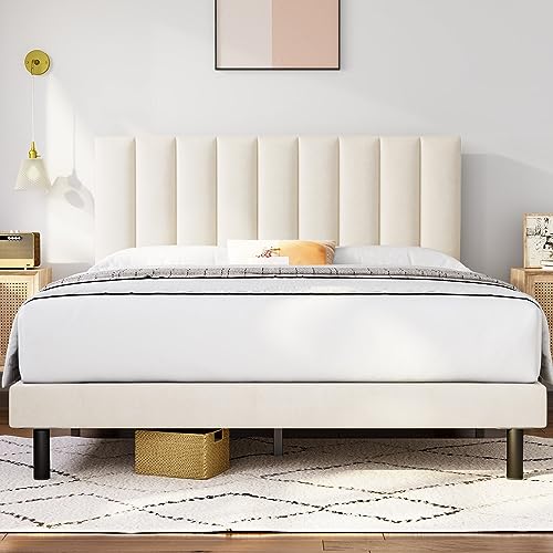 Molblly Full Size Bed Frame Velvet Upholstered Platform with Headboard and Strong Wooden Slats,Mattress Foundation,Non-Slip and Noise-Free,No Box Spring Needed, Easy Assembly,Light Beige