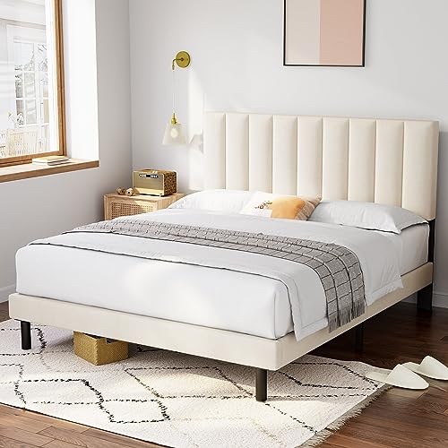 Molblly Full Size Bed Frame Velvet Upholstered Platform with Headboard and Strong Wooden Slats,Mattress Foundation,Non-Slip and Noise-Free,No Box Spring Needed, Easy Assembly,Light Beige