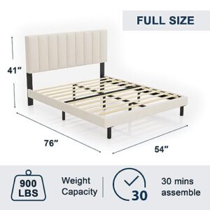 Molblly Full Size Bed Frame Velvet Upholstered Platform with Headboard and Strong Wooden Slats,Mattress Foundation,Non-Slip and Noise-Free,No Box Spring Needed, Easy Assembly,Light Beige