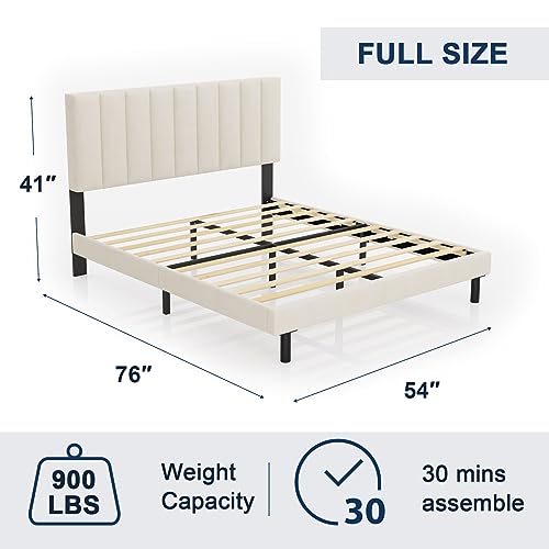 Molblly Full Size Bed Frame Velvet Upholstered Platform with Headboard and Strong Wooden Slats,Mattress Foundation,Non-Slip and Noise-Free,No Box Spring Needed, Easy Assembly,Light Beige