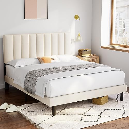 Molblly Full Size Bed Frame Velvet Upholstered Platform with Headboard and Strong Wooden Slats,Mattress Foundation,Non-Slip and Noise-Free,No Box Spring Needed, Easy Assembly,Light Beige