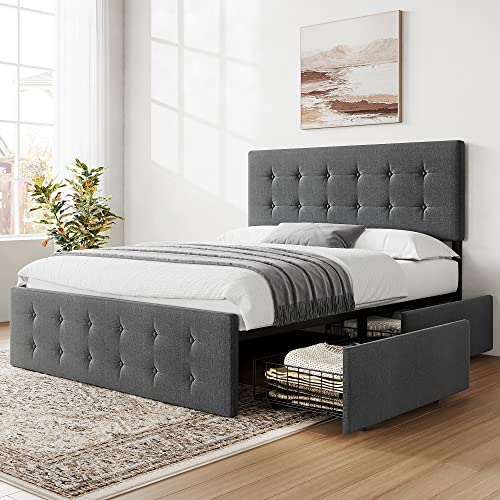 IDEALHOUSE Queen Bed Frame with 4 Storage Drawers,Grey Queen Size Platform Upholstered Bed Frame with Headboard and Wooden Slats Support,No Box Spring Needed