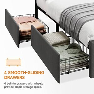 IDEALHOUSE Queen Bed Frame with 4 Storage Drawers,Grey Queen Size Platform Upholstered Bed Frame with Headboard and Wooden Slats Support,No Box Spring Needed