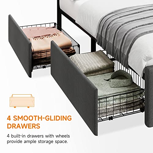 IDEALHOUSE Queen Bed Frame with 4 Storage Drawers,Grey Queen Size Platform Upholstered Bed Frame with Headboard and Wooden Slats Support,No Box Spring Needed