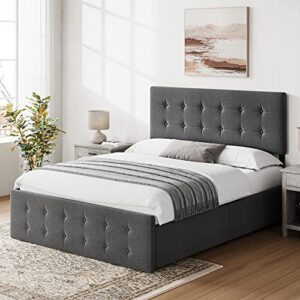 IDEALHOUSE Queen Bed Frame with 4 Storage Drawers,Grey Queen Size Platform Upholstered Bed Frame with Headboard and Wooden Slats Support,No Box Spring Needed