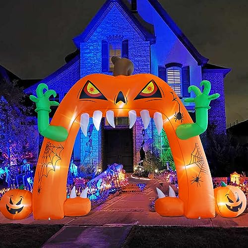 Juegoal Halloween Decorations 13 FT(L) x 10 FT(H) Inflatable Lighted Pumpkin Archway, Giant Jack-O-Lantern Lawn Arch with Build-in LED, Animated Halloween Yard Prop, Outdoor Holiday Blow up Decor