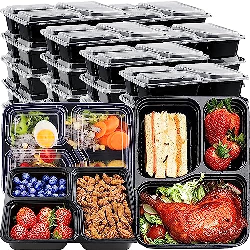 Meal Prep Container 3 Compartment, 50 Pack Meal Prep Containers with Lids, Large Food Storage Container 34oz Reusable Plastic Bento Box, Disposable Lunch To-Go Boxes, Dishwasher Freezer Microwave Safe