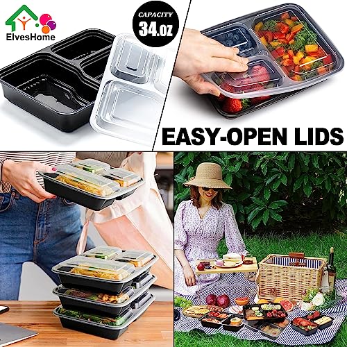 Meal Prep Container 3 Compartment, 50 Pack Meal Prep Containers with Lids, Large Food Storage Container 34oz Reusable Plastic Bento Box, Disposable Lunch To-Go Boxes, Dishwasher Freezer Microwave Safe