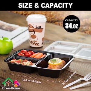 Meal Prep Container 3 Compartment, 50 Pack Meal Prep Containers with Lids, Large Food Storage Container 34oz Reusable Plastic Bento Box, Disposable Lunch To-Go Boxes, Dishwasher Freezer Microwave Safe