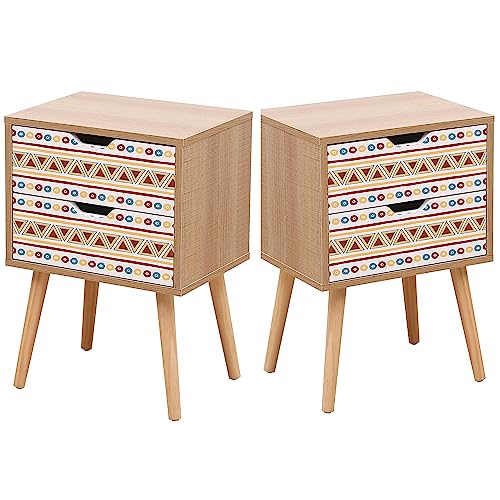 End Side Table Nightstand Set of 2, Night Stand with Drawers, Modern Bohemian Drawer Night Stand, Solid Wood Legs, for Sofa Side Table, Bedroom Bedside Table