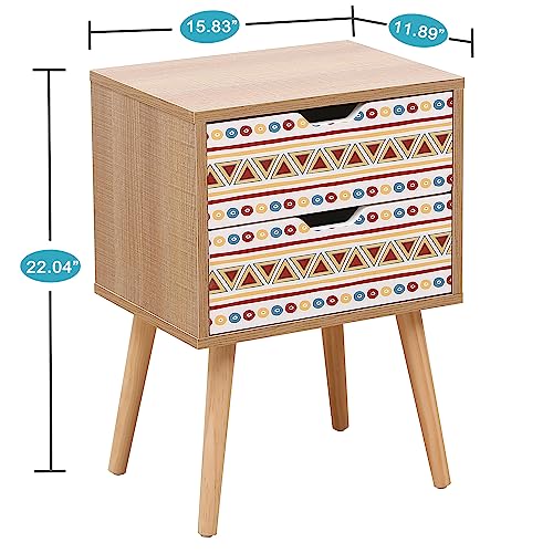 End Side Table Nightstand Set of 2, Night Stand with Drawers, Modern Bohemian Drawer Night Stand, Solid Wood Legs, for Sofa Side Table, Bedroom Bedside Table