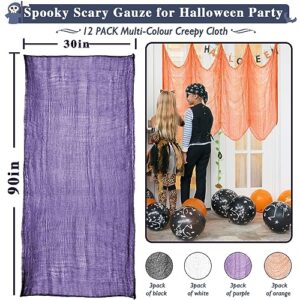 Halatool 12 Pack Halloween Creepy Cloth - 30 x 90 Inch Creepy and Spooky Halloween Decorations for Halloween Party Supplies Outdoor Yard Home Wall Decor（3 Black, 3 White, 3 Purple, 3 Orange）