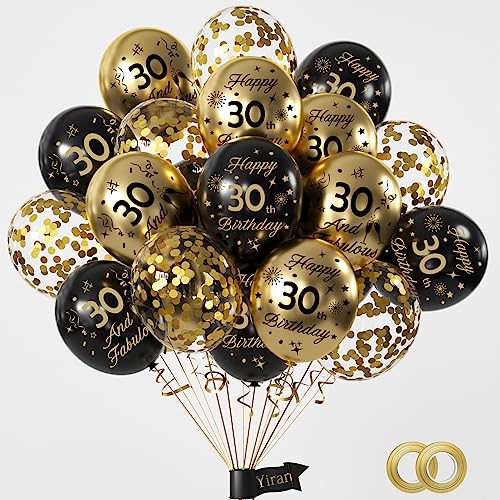 Yiran 30th Birthday Balloons, Black Gold Number 30 Balloons, 15Pcs Happy Birthday Balloons Party Deocorations Supplies, 12inch Latex Confetti Balloons for Adult Men Women