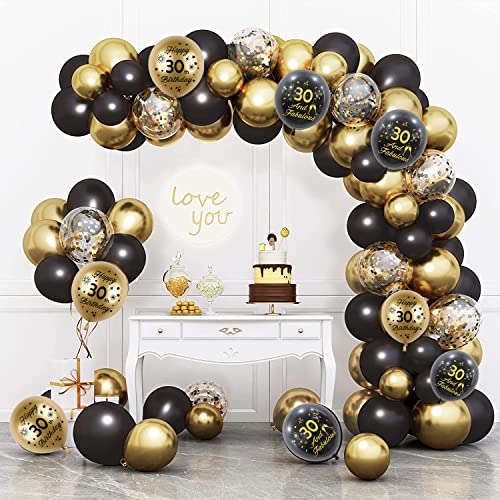 Yiran 30th Birthday Balloons, Black Gold Number 30 Balloons, 15Pcs Happy Birthday Balloons Party Deocorations Supplies, 12inch Latex Confetti Balloons for Adult Men Women