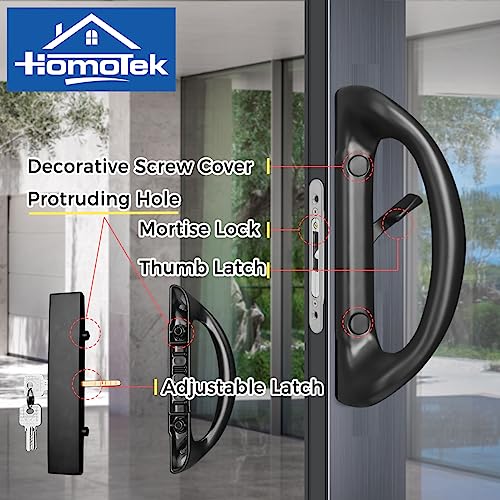 HOMOTEK Patio Door Handle Set, Replacement Sliding Door Handle with Key for Patio Door Thickness from 1-1/2" to 1-3/4", 3-15/16" Screw Hole Spacing, Mortise Lock, Reversible, Black