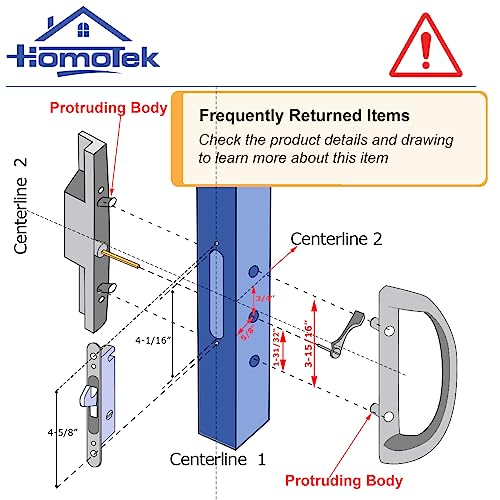 HOMOTEK Patio Door Handle Set, Replacement Sliding Door Handle with Key for Patio Door Thickness from 1-1/2" to 1-3/4", 3-15/16" Screw Hole Spacing, Mortise Lock, Reversible, Black