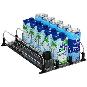 puricon drink organizer for fridge pusher glide, spring loaded fridge drink dispenser, self pushing soda can organizer for refrigerator, beer bottle beverage organizer drink holder -3 rows, black