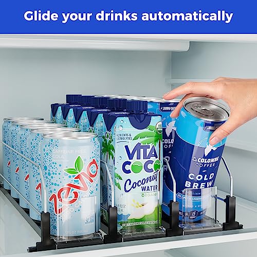 Puricon Drink Organizer for Fridge Pusher Glide, Spring Loaded Fridge Drink Dispenser, Self Pushing Soda Can Organizer for Refrigerator, Beer Bottle Beverage Organizer Drink Holder -3 Rows, Black