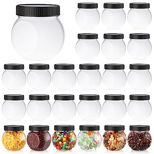 Tradder 24 Pcs Plastic Candy Jars with Lids 8.5 oz Side Cookie Jar Bulk Kitchen Counter Clear Cookie Container Wide Mouth Candy Storage Jars for Candy Buffet Table Coffee Canister Party Laundry Holder