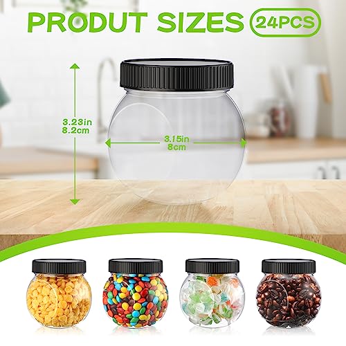 Tradder 24 Pcs Plastic Candy Jars with Lids 8.5 oz Side Cookie Jar Bulk Kitchen Counter Clear Cookie Container Wide Mouth Candy Storage Jars for Candy Buffet Table Coffee Canister Party Laundry Holder