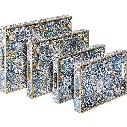 Dandat 4 Pcs Serving Tray with Handle Boho Coffee Table Tray Blue Plastic Ottoman Decorative Trays for Home Coffee Table Halloween Christmas Living Room Kitchen Bathroom, 3 Sizes