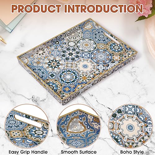 Dandat 4 Pcs Serving Tray with Handle Boho Coffee Table Tray Blue Plastic Ottoman Decorative Trays for Home Coffee Table Halloween Christmas Living Room Kitchen Bathroom, 3 Sizes