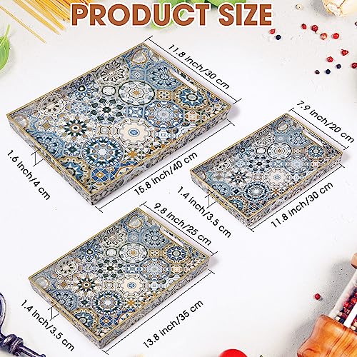 Dandat 4 Pcs Serving Tray with Handle Boho Coffee Table Tray Blue Plastic Ottoman Decorative Trays for Home Coffee Table Halloween Christmas Living Room Kitchen Bathroom, 3 Sizes